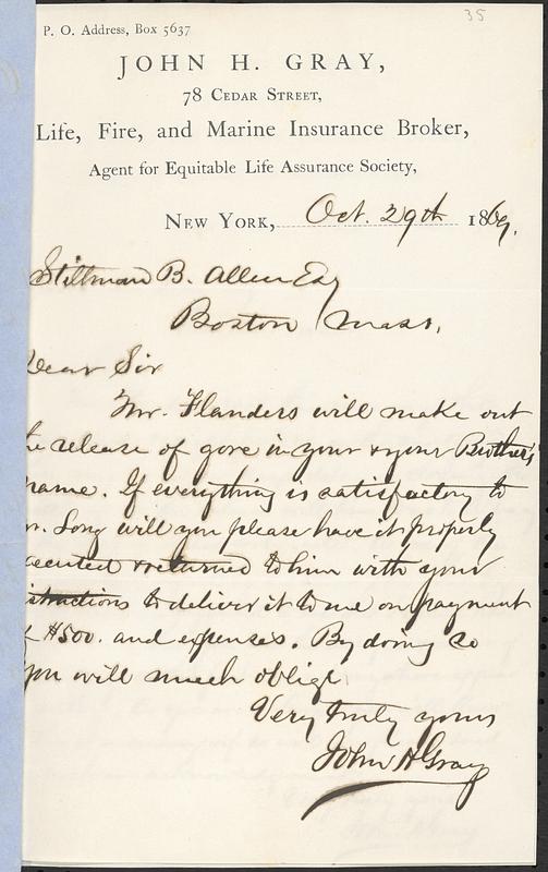 Letter from John H. Gray to Stillman B. Allen, October 29, 1869 ...