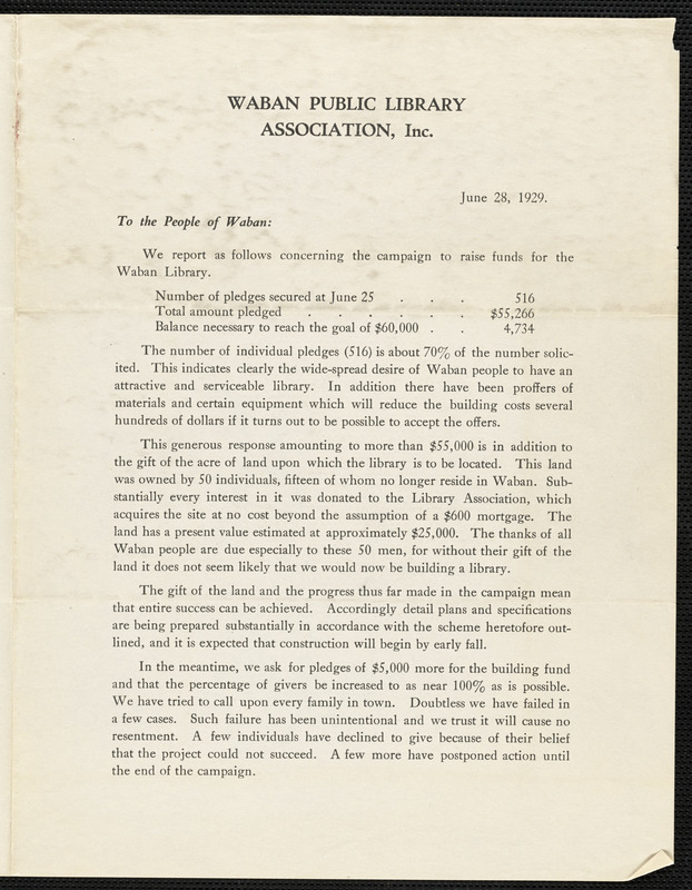 To the people of Waban from the Waban Public Library Association ...