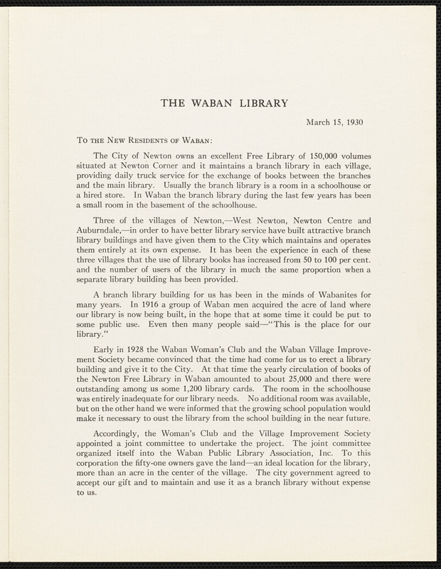 To the new residents of Waban from the Waban Library campaign fund ...