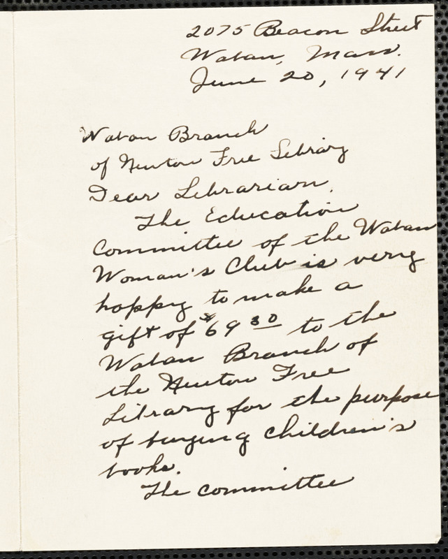 Letter from Ruth C. Ring to Waban Branch Library - Digital Commonwealth