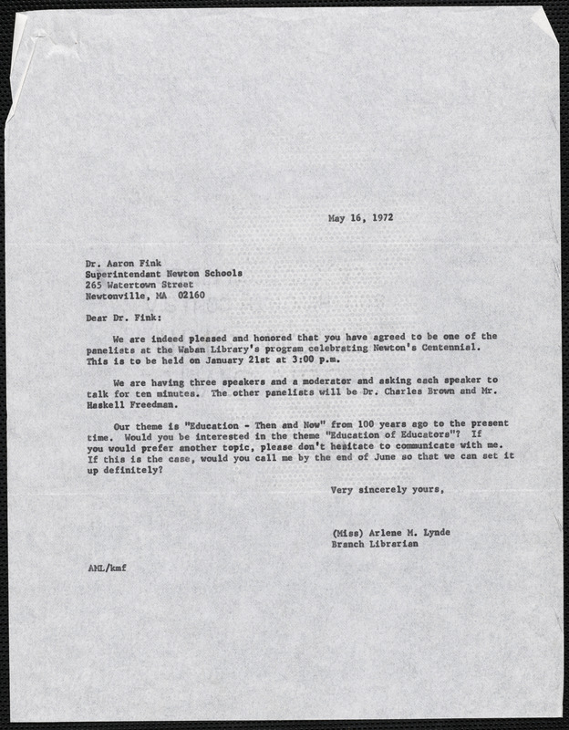 Letters of thanks to Dr. Aaron Fink, Dr. Charles E. Brown and Mr ...