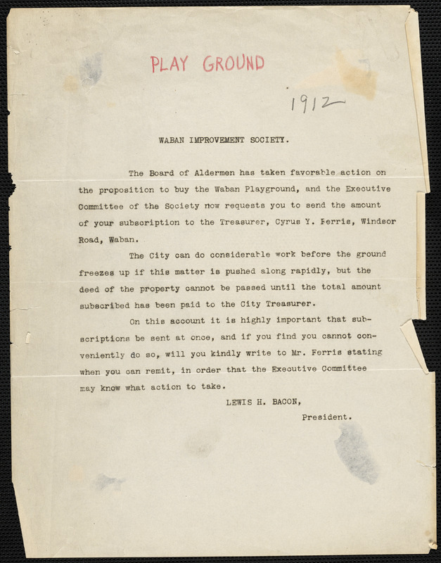 Notice to the Waban Improvement Society from Lewis H. Bacon, president ...