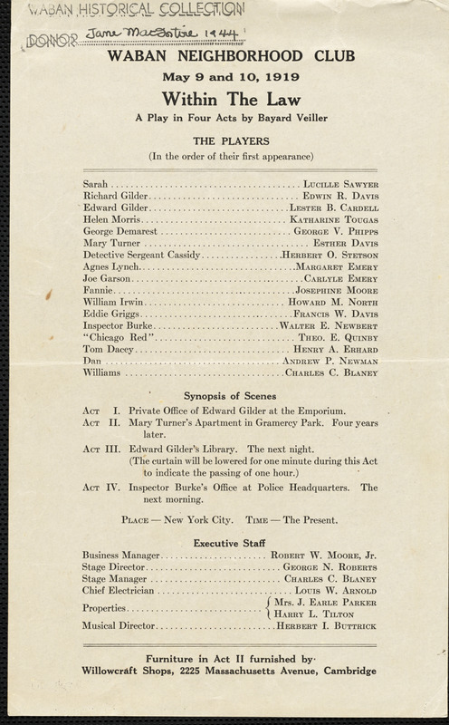 Waban Neighborhood Club production of “Within the law” May 9 and 10 ...