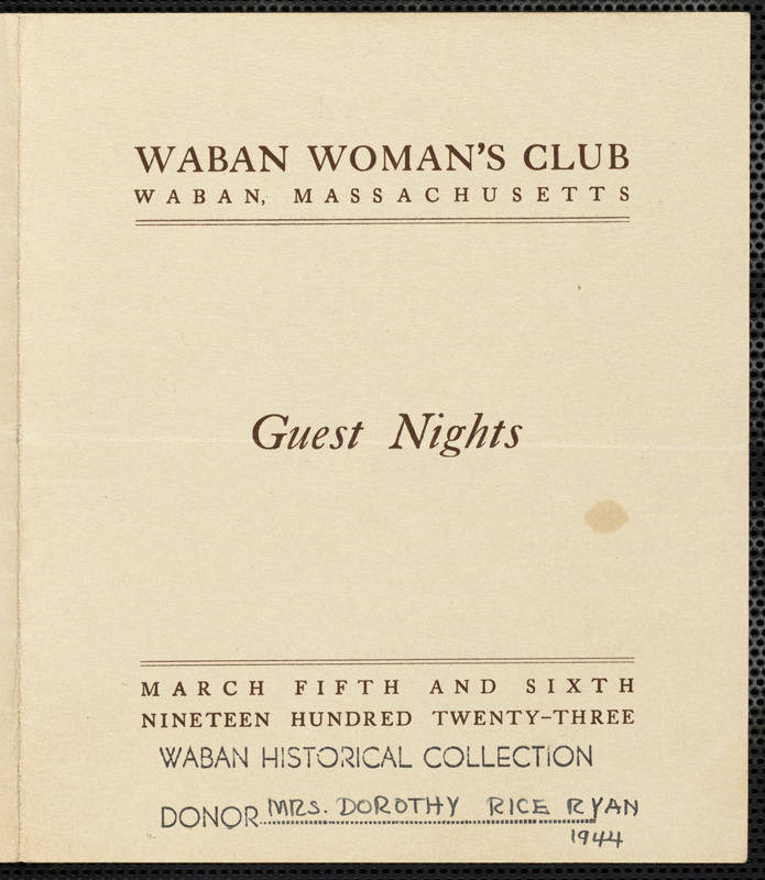 Waban Woman’s Club, Guest Nights, 1923 - Digital Commonwealth