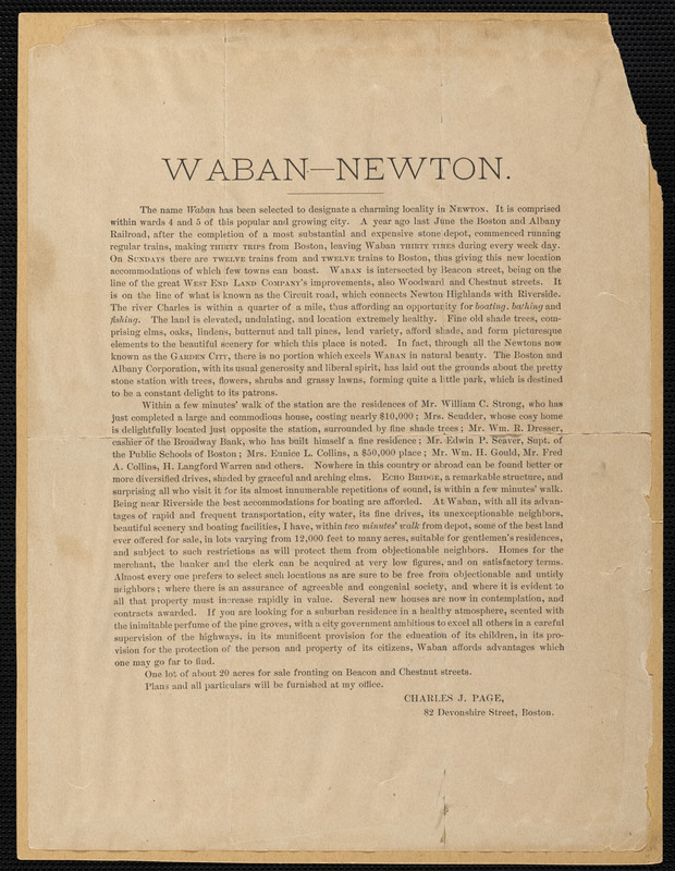 Waban - Newton promotional material from Charles J. Page, developer ...