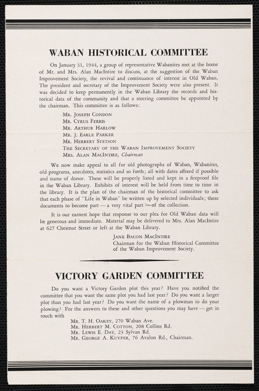 Waban Historical Committee and the Victory Garden Committee - Digital ...