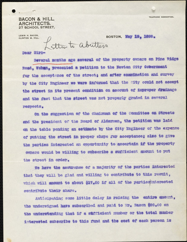 Letter sent to abutters on May 19, 1898 asking for $17.00 to pay for ...