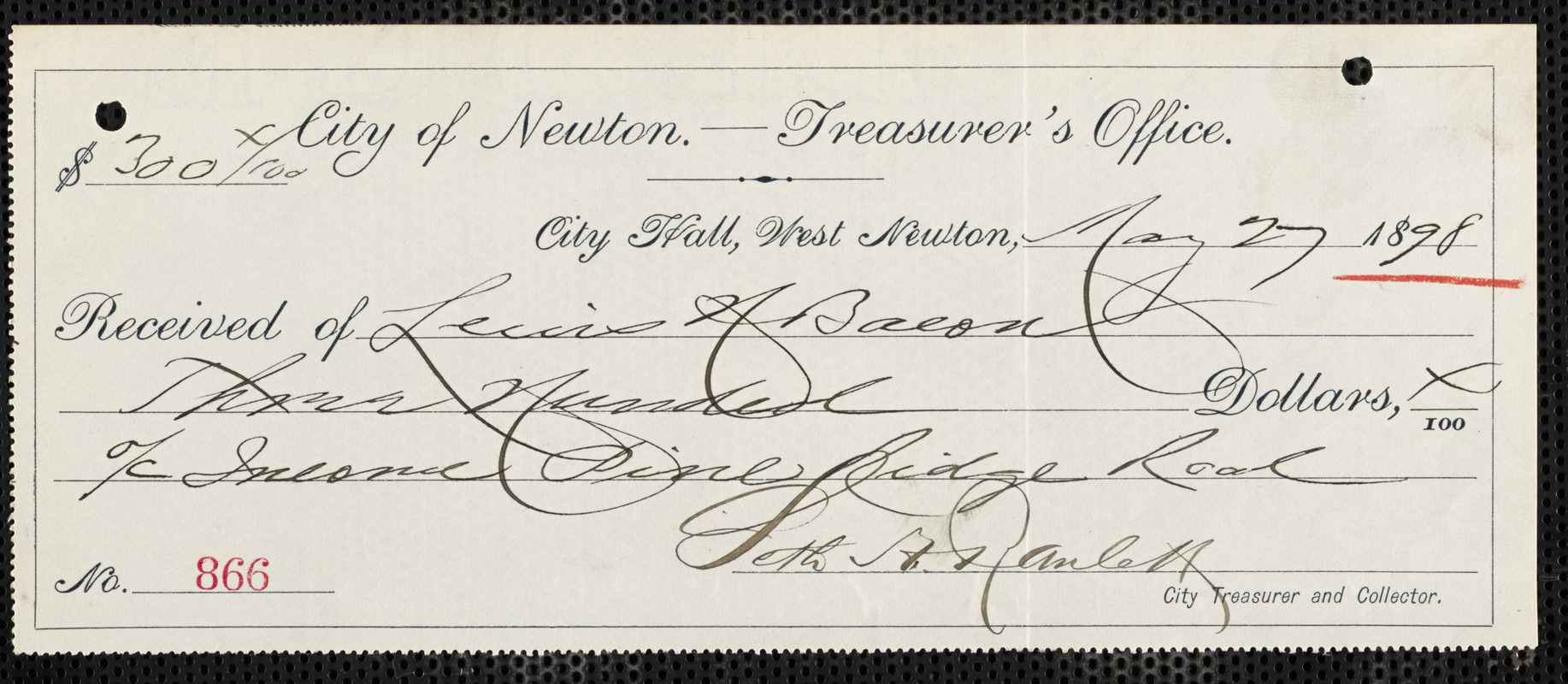 Receipt for $300.00 issued to Lewis Bacon from the City of Newton dated ...