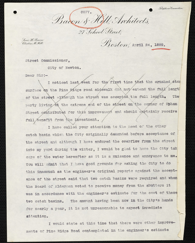 Draft of a letter written April 24, 1899 to be sent from Lewis Bacon to ...