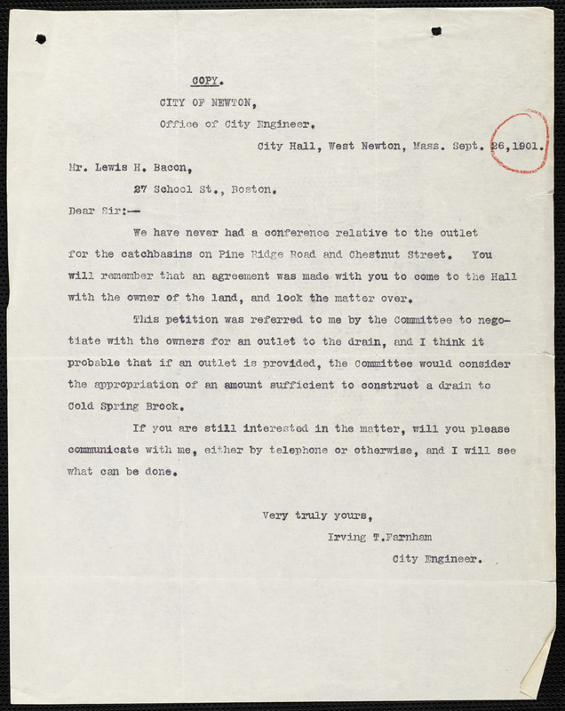 Letter dated Sept. 26, 1901 from Irving Farnham, City Engineer, to Mr ...