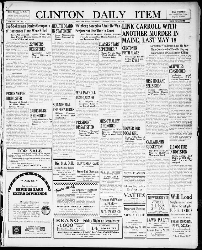 Clinton Daily Item. August 25, 1938 - Digital Commonwealth