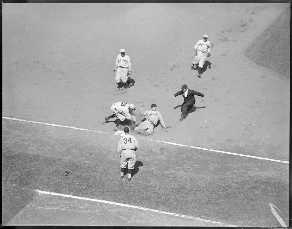 View from stands of play at third base, Detroit player beating tag at ...