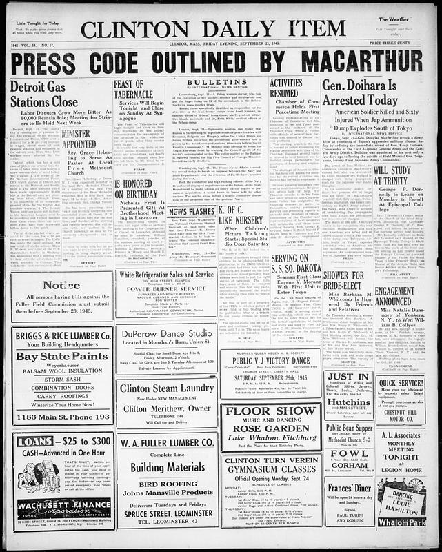 Clinton Daily Item. September 21, 1945 - Digital Commonwealth