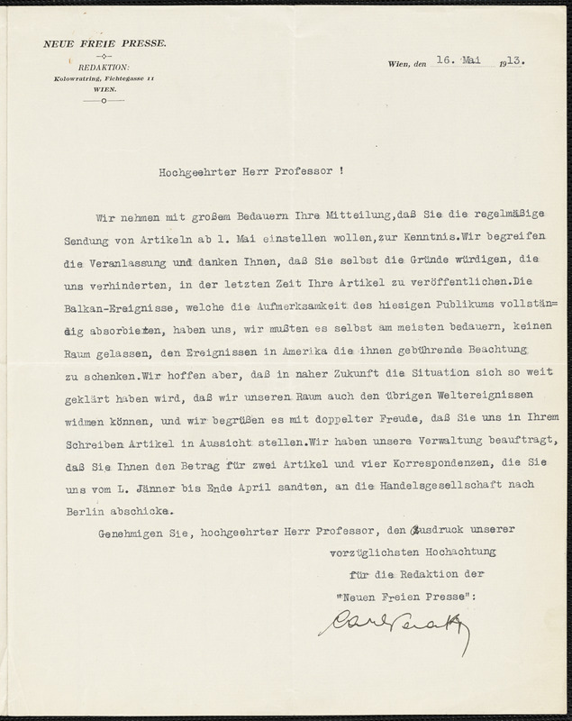 Neue Freie Presse typed letter signed to Hugo Münsterberg, Vienna, 16 ...