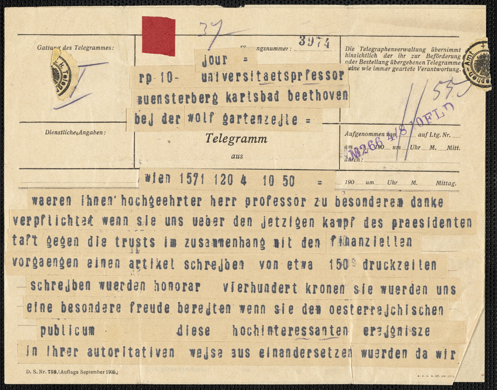 Neue Freie Presse telegram to Hugo Münsterberg, Wien - Digital Commonwealth