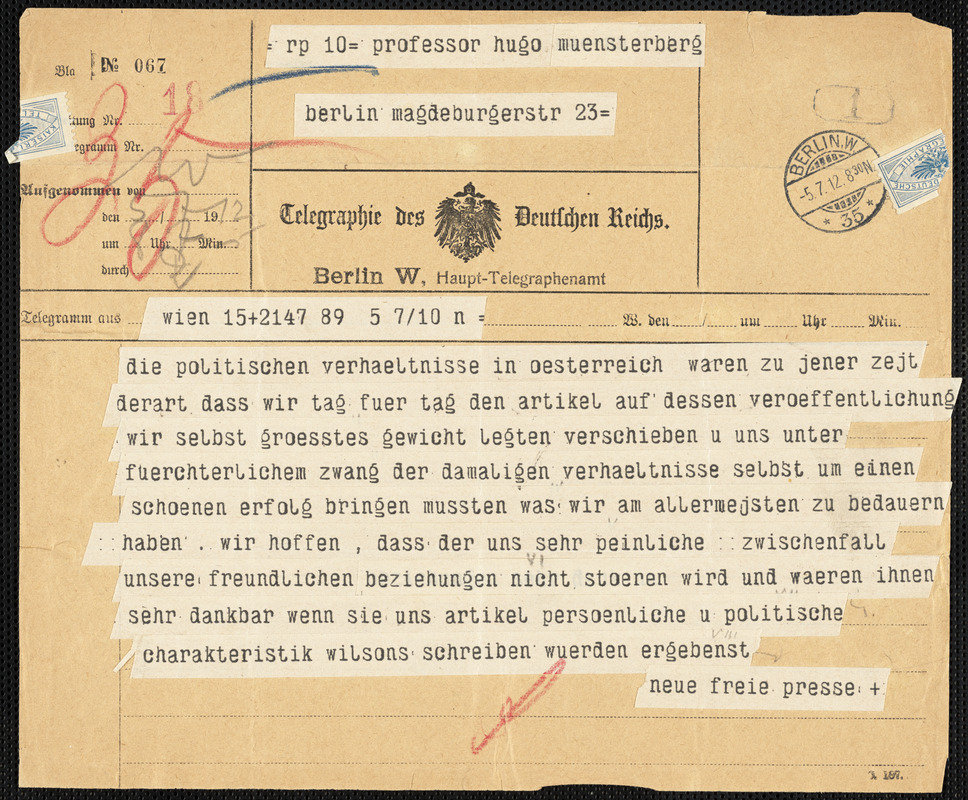 Neue Freie Presse telegram to Hugo Münsterberg, Wien, 05 July 1012 ...