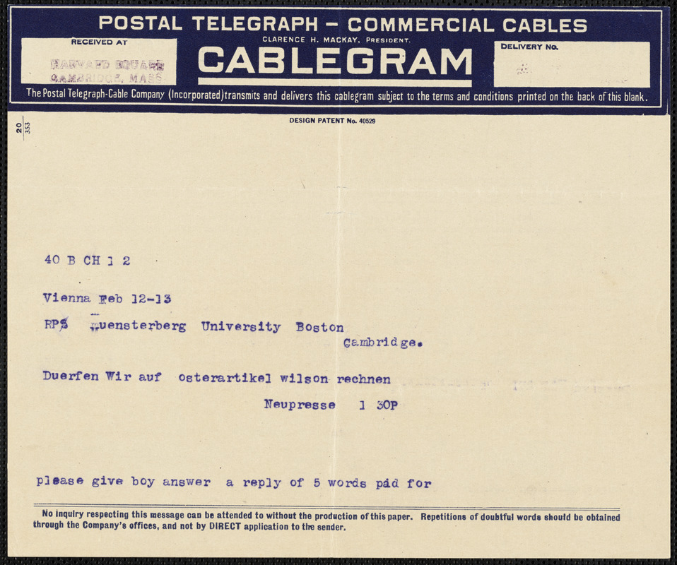 Neue Freie Presse telegram to Hugo Münsterberg, Wien, 12 February 1913 ...