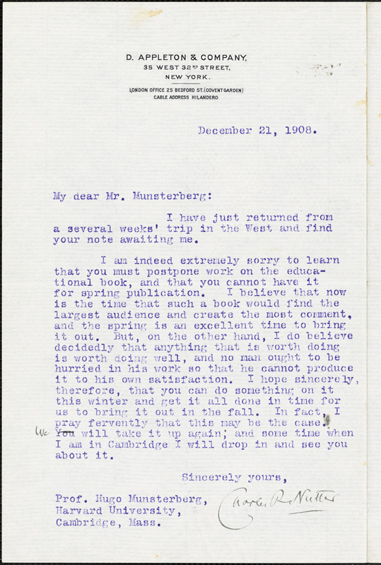 Nutter, Charles Read, 1870- typed letter signed to Hugo Münsterberg ...