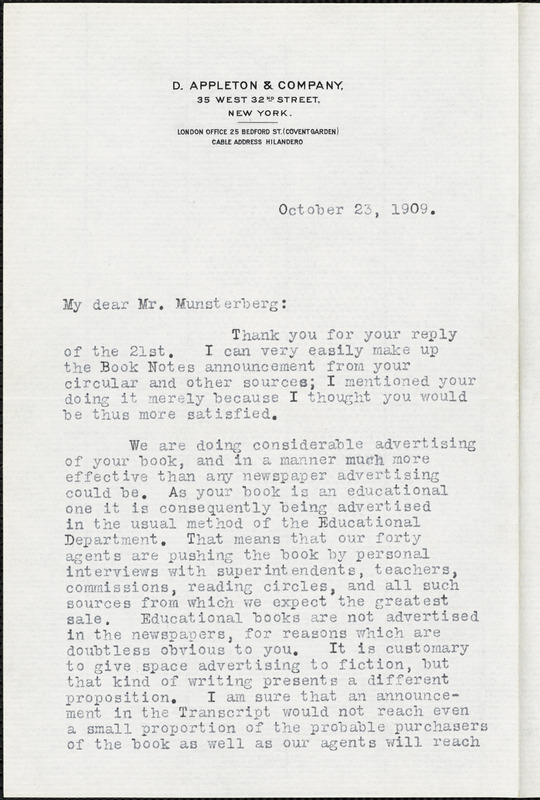 Nutter, Charles Read, 1870- typed letter signed to Hugo Münsterberg ...