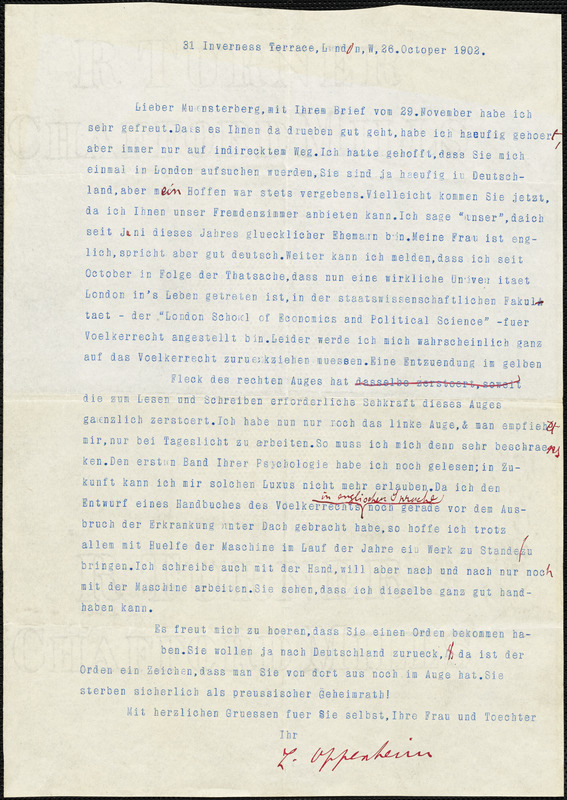 Oppenheim, L. (Lassa), 1858-1919 typed letter signed to Hugo ...