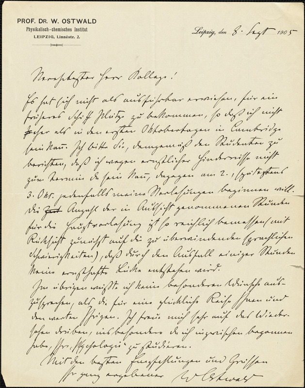 Ostwald, Wilhelm, 1853-1932 autograph letter signed to Hugo Münsterberg ...