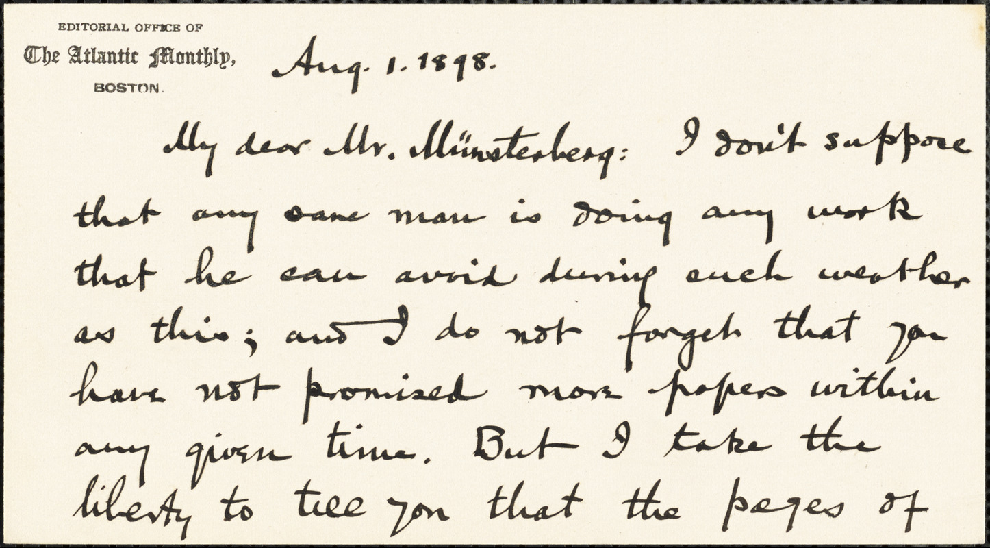 Page, Walter Hines, 1855-1918 autograph note signed to Hugo Münsterberg ...