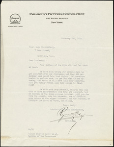 Paramount Pictures Corporation typed letter signed to Hugo Münsterberg ...