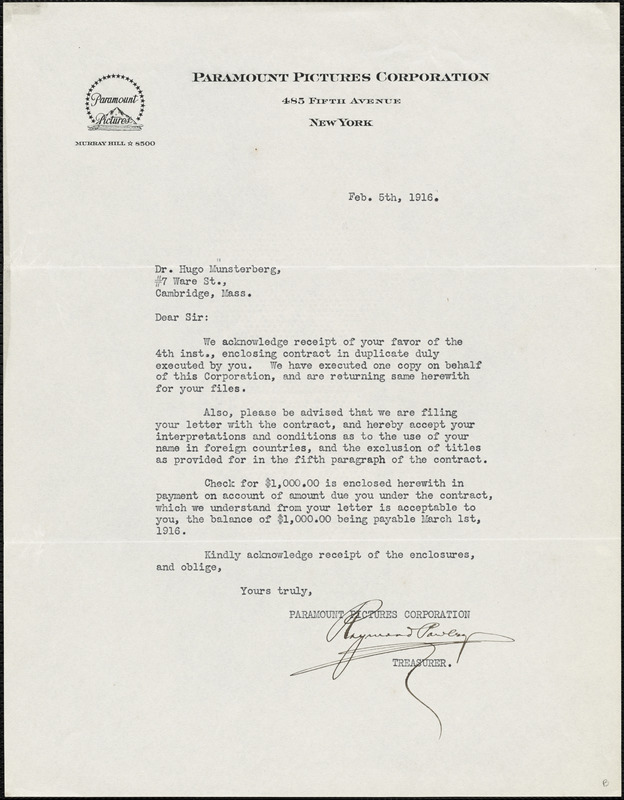 Paramount Pictures Corporation typed letter signed to Hugo Münsterberg ...