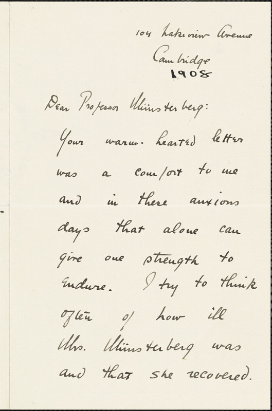 Perry, Rachel (Berenson) autograph letter signed to Hugo Münsterberg ...