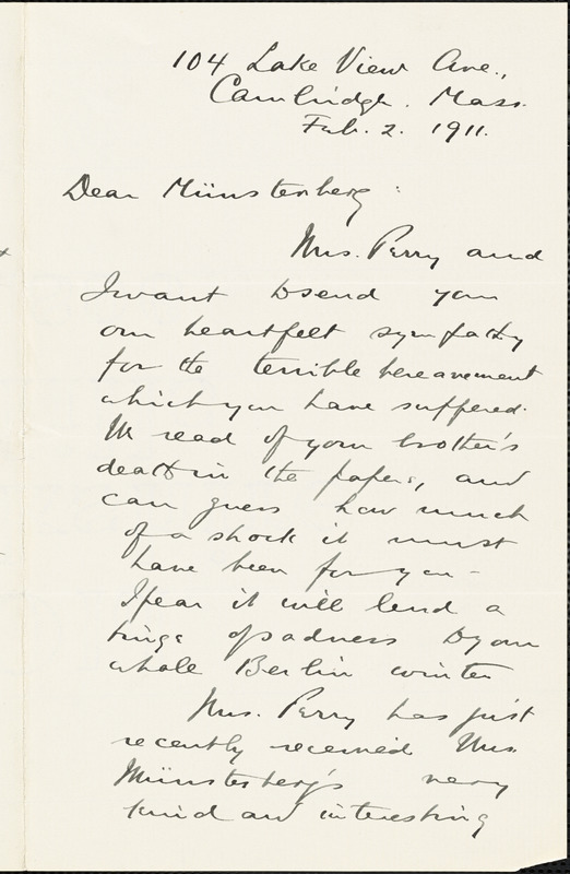 Perry, Ralph Barton, 1876-1957 autograph letter signed to Hugo ...