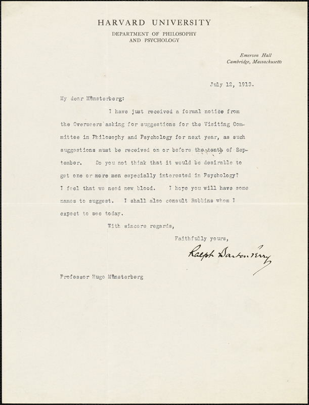 Perry, Ralph Barton, 1876-1957 typed letter signed to Hugo Münsterberg ...