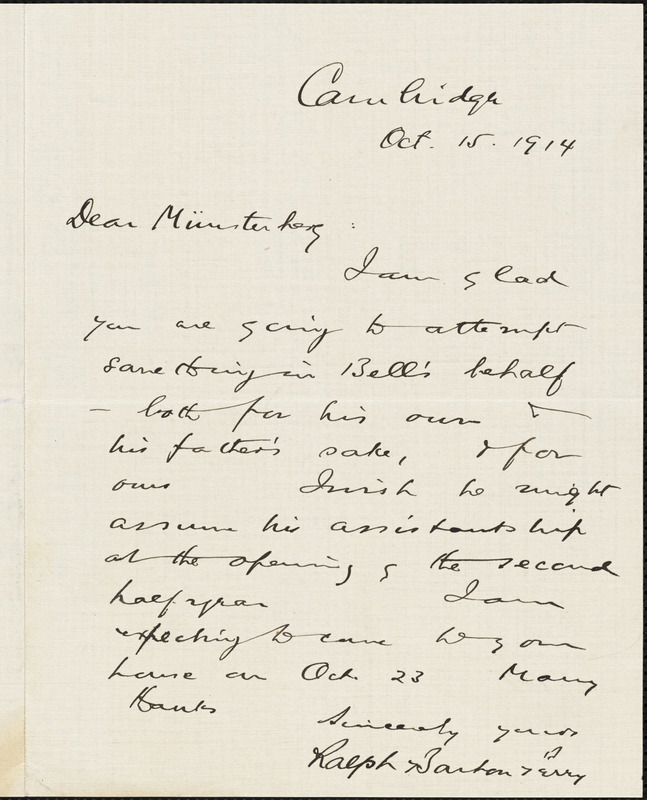 Perry, Ralph Barton, 1876-1957 autograph letter signed to Hugo ...