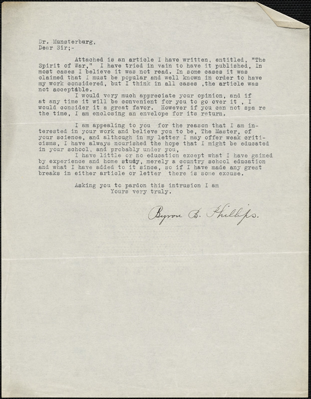 Phillips, Byron B. typed letter signed to Hugo Münsterberg - Digital ...