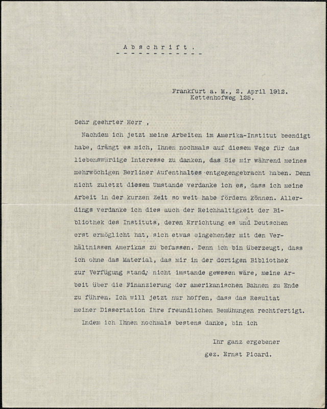 Picard, Ernst typed copy of letter to Hugo Münsterberg, Frankfurt a.M ...