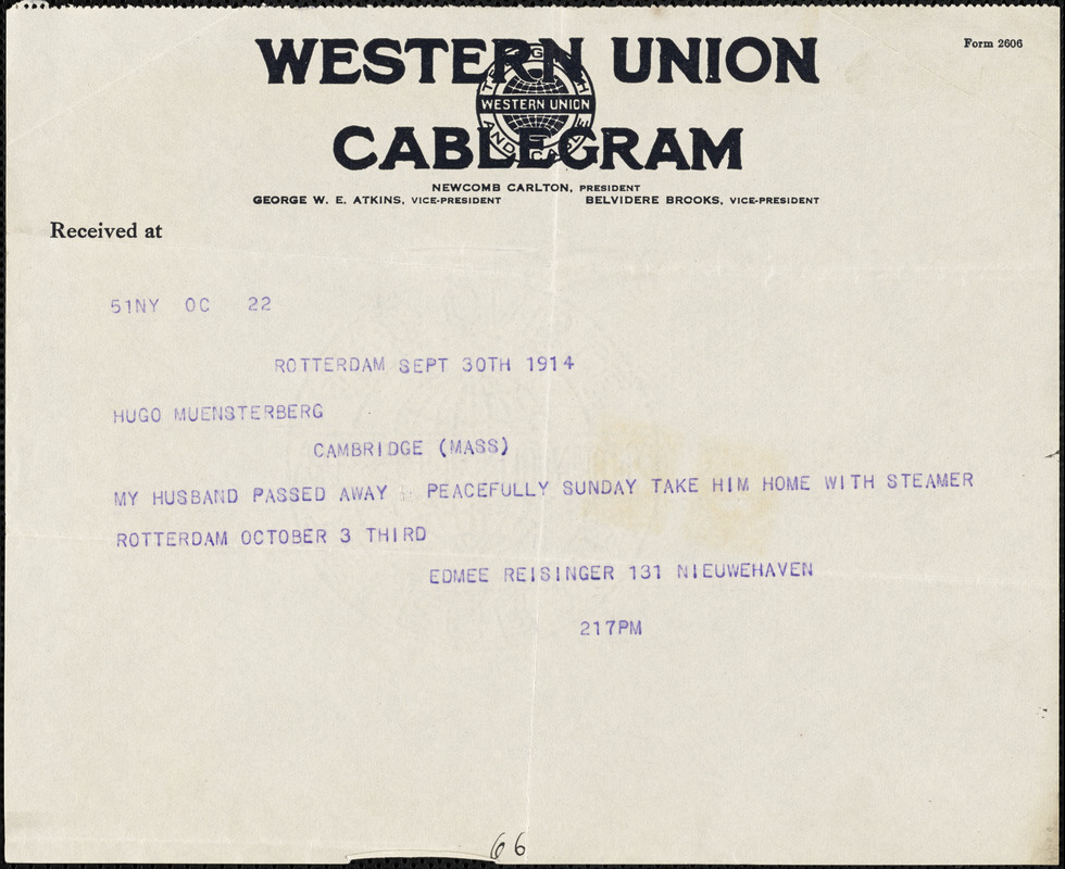 Reisinger, Edmee (Bush) telegram to Hugo Münsterberg, 30 September 1914 ...