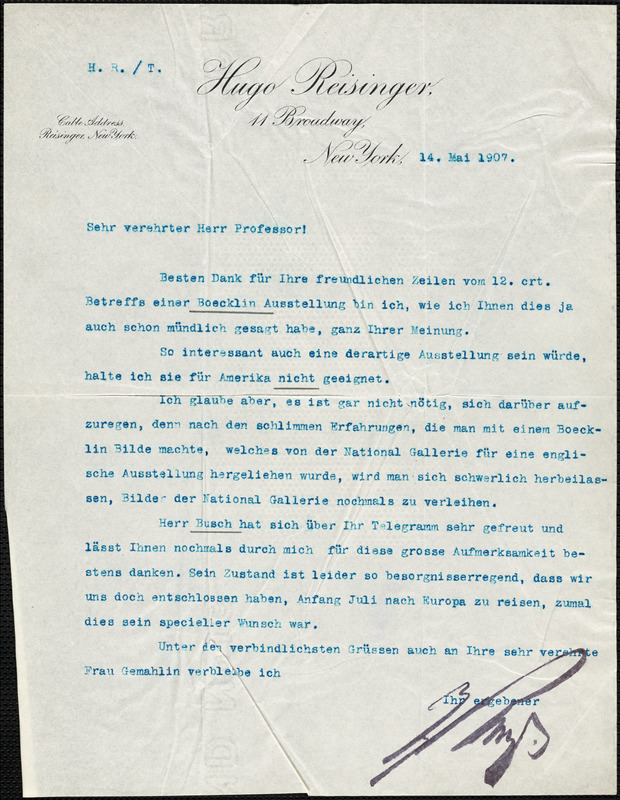 Reisinger, Hugo, 1856-1914 typed letter signed to Hugo Münsterberg, New ...