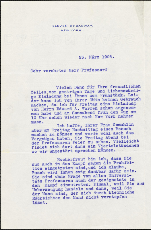 Reisinger, Hugo, 1856-1914 typed letter signed to Hugo Münsterberg, New ...