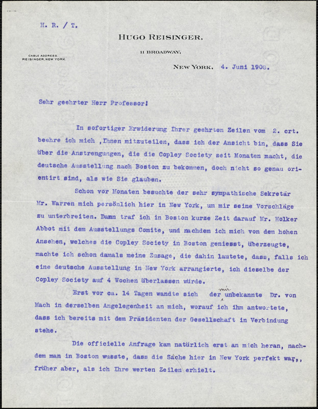 Reisinger, Hugo, 1856-1914 typed letter signed to Hugo Münsterberg, New ...