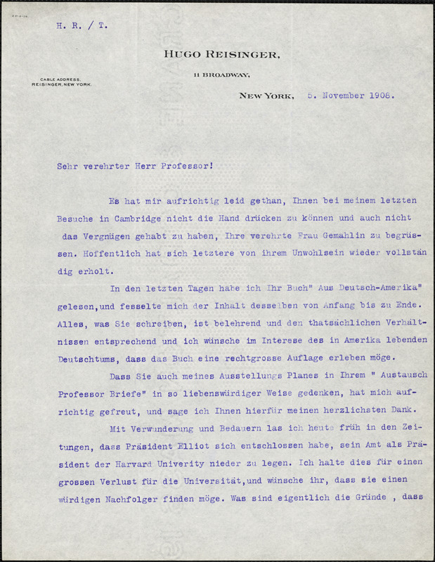 Reisinger, Hugo, 1856-1914 typed letter signed to Hugo Münsterberg, New ...