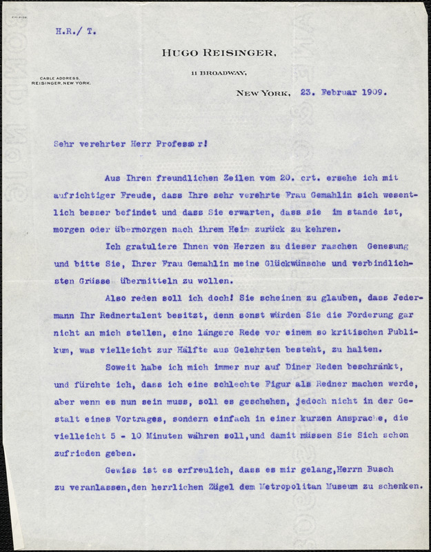 Reisinger, Hugo, 1856-1914 typed letter signed to Hugo Münsterberg, New ...
