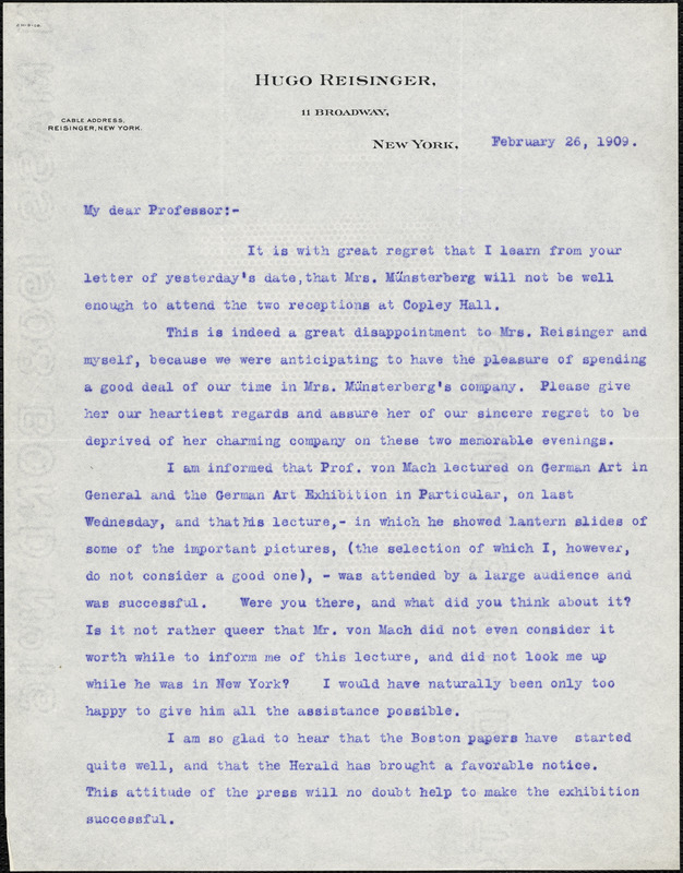 Reisinger, Hugo, 1856-1914 typed letter signed to Hugo Münsterberg, New ...