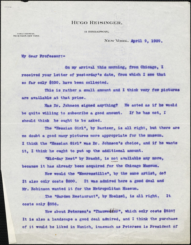 Reisinger, Hugo, 1856-1914 typed letter signed to Hugo Münsterberg, New ...