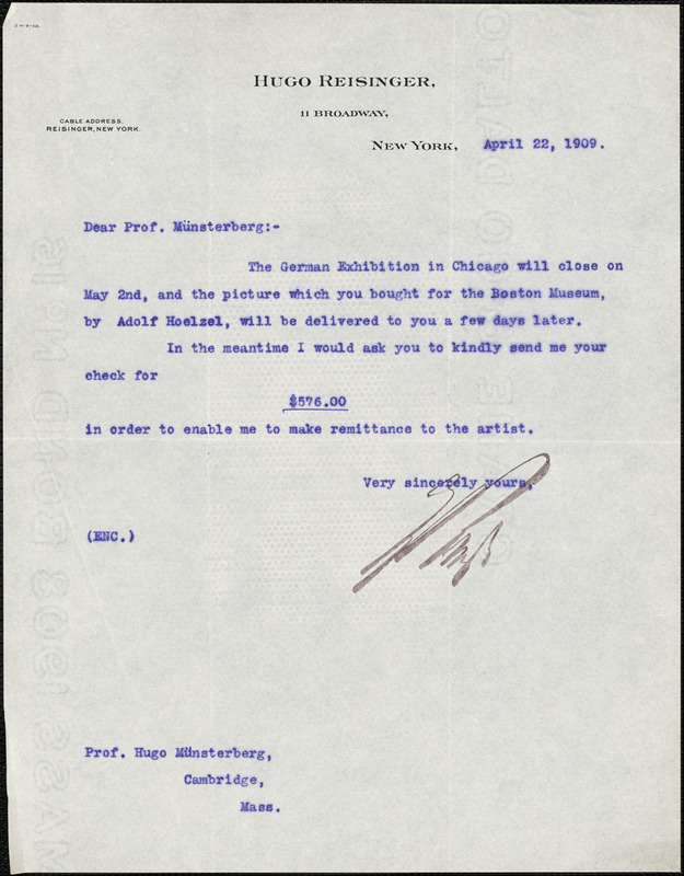 Reisinger, Hugo, 1856-1914 typed letter signed to Hugo Münsterberg, New ...