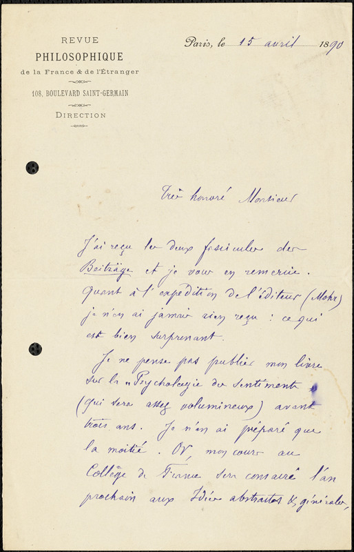 Ribot, Th. (Théodule), 1839-1916 autograph letter signed to Hugo ...