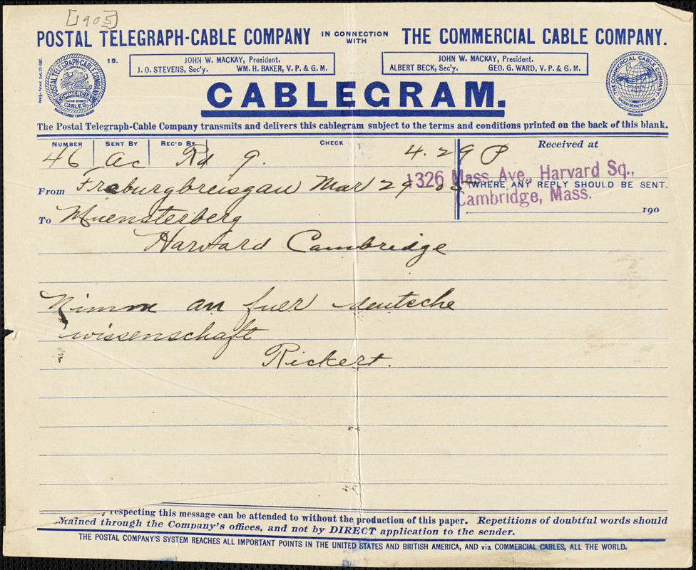 Rickert, Heinrich, 1863-1936 telegram to Hugo Münsterberg, Frieberg, 29 ...