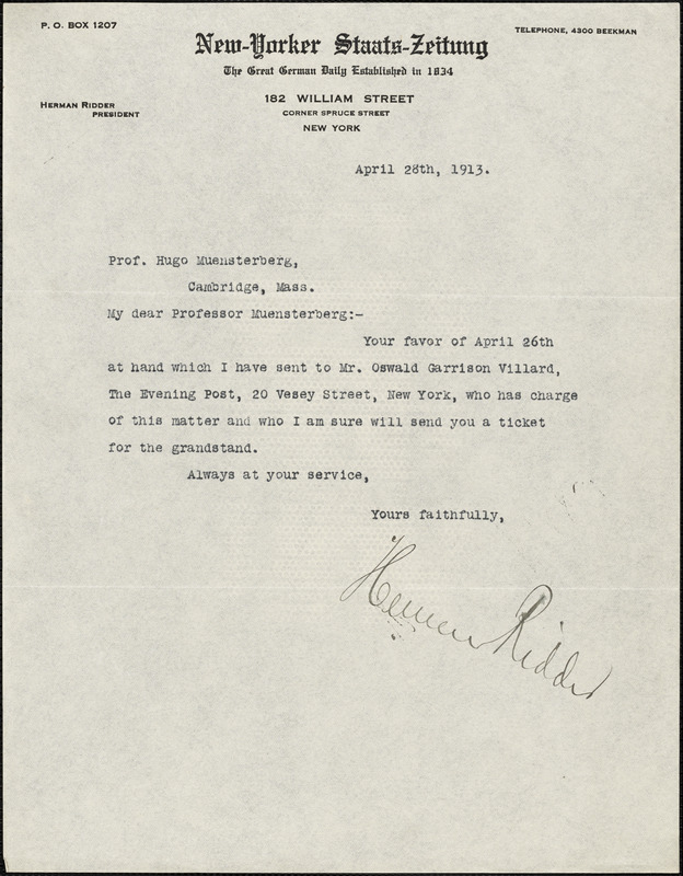 Ridder, Herman, 1851-1915 typed letter signed to Hugo Münsterberg, New ...