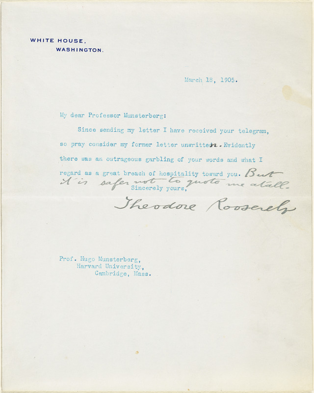 Roosevelt, Theodore, Pres. U.S., 1858-1919 typed letter signed to Hugo ...