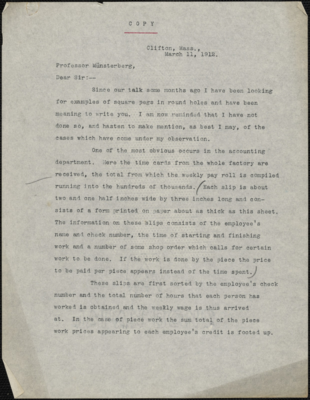 Rose, Robert Ware, 188- typed copy of letter to Hugo Münsterberg ...