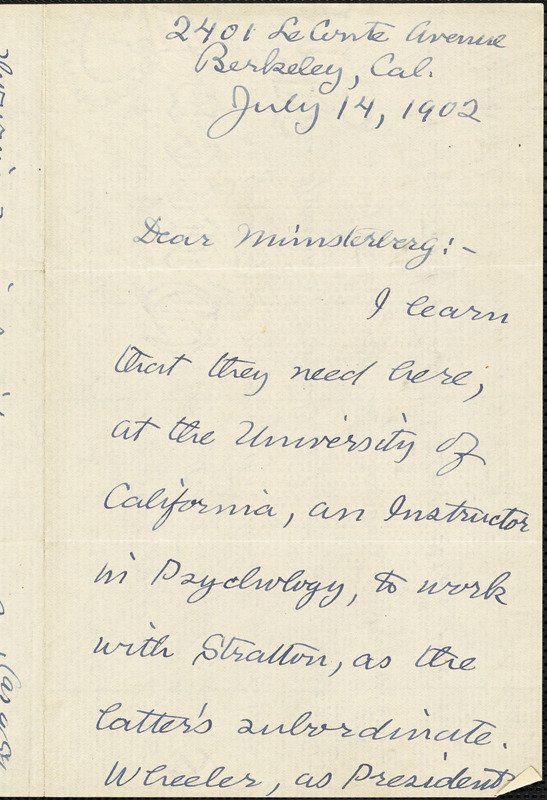 Royce, Josiah, 1855-1916 autograph letter signed to Hugo Münsterberg ...