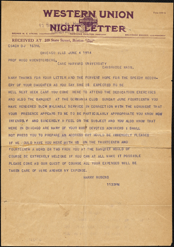 Rubens, Harry, 1850-1920 telegram to Hugo Münsterberg, Chicago, 04 June ...